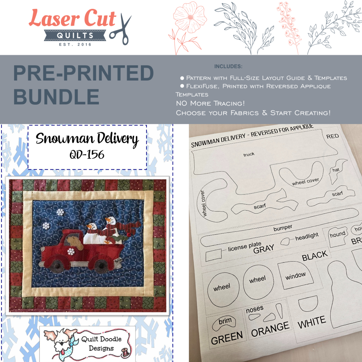 Bundle: Pattern and Preprinted FlexiFuse: "Snowman Delivery" by Quilt